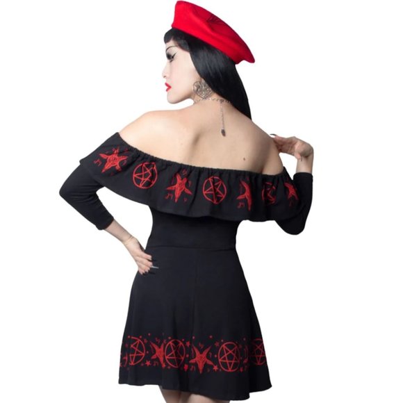 Dresses | Black Off Shoulder Ruffle Dress Red Baphomet Pentagrams ...